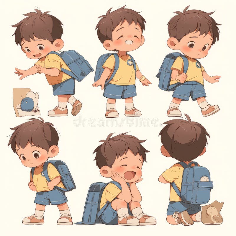 Character Illustration of a Young Boy in Different Poses on a White ...