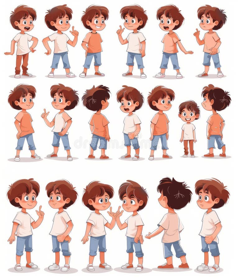 Character Illustration of a Young Boy in Different Poses on a White ...