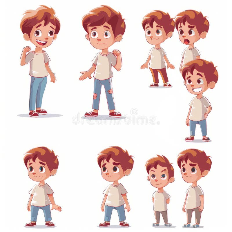 Character Illustration of a Young Boy in Different Poses on a White ...