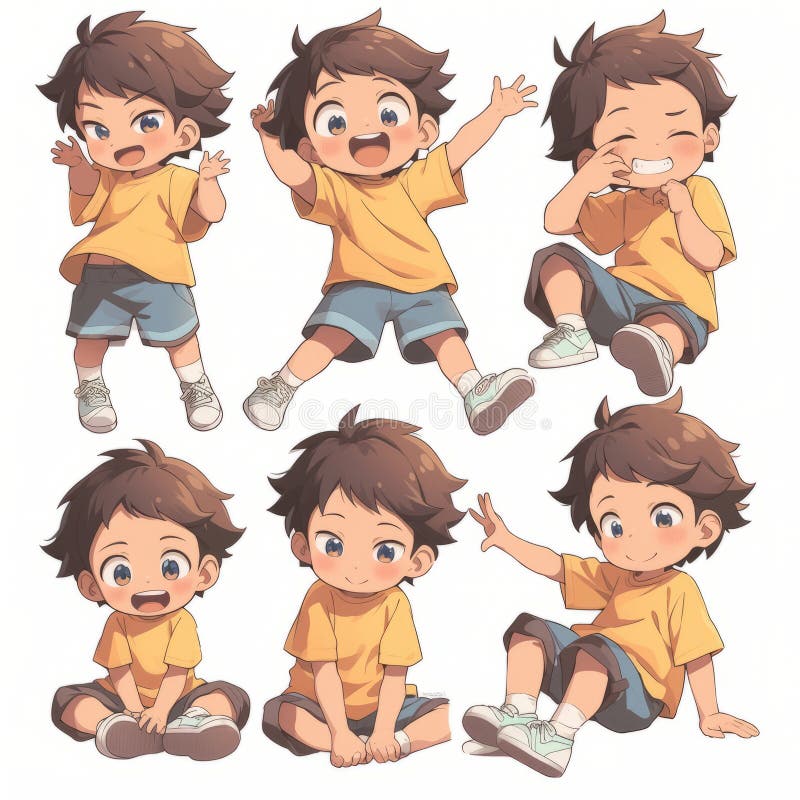 Character Illustration of a Young Boy in Different Poses on a White ...