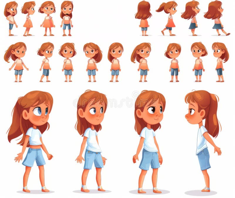 Character Illustration of a Young Girl in Different Poses on a White ...