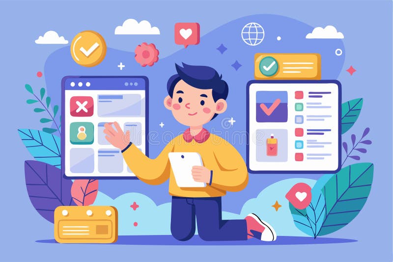 A Character Interacts with UI and UX Designs while Holding a Tablet in ...