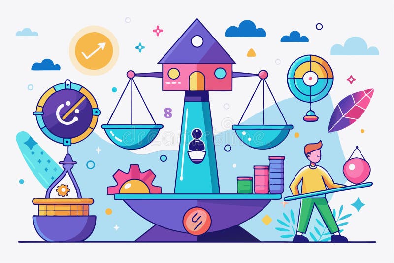 A Character Interacts with a Whimsical Scale, Balancing Different ...