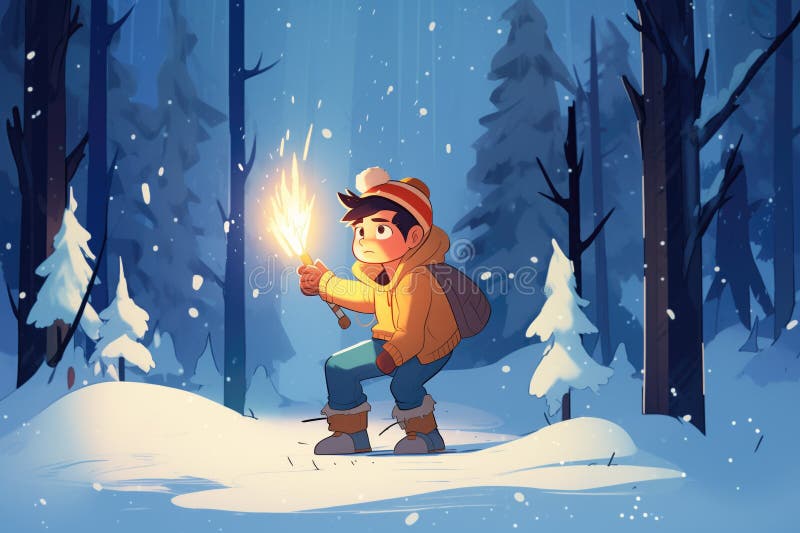 Character Lighting a Flare in Snowy Woods at Dusk Stock Illustration ...