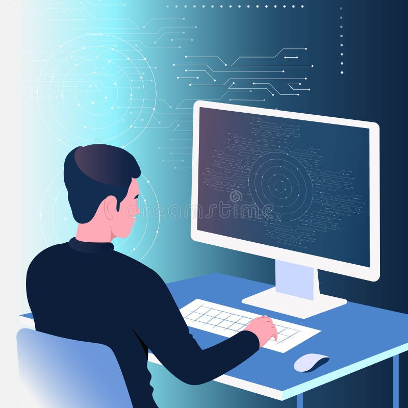 Character of Male Graphic Designer Working on Computer at Workplace and ...