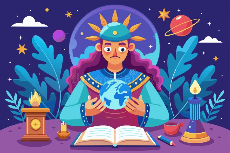 A Character Performs Palm Reading with a Globe, Surrounded by Plants ...