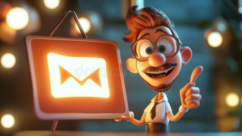 Character Presenting Glowing Email Icon in a Warm, Inviting Indoor ...