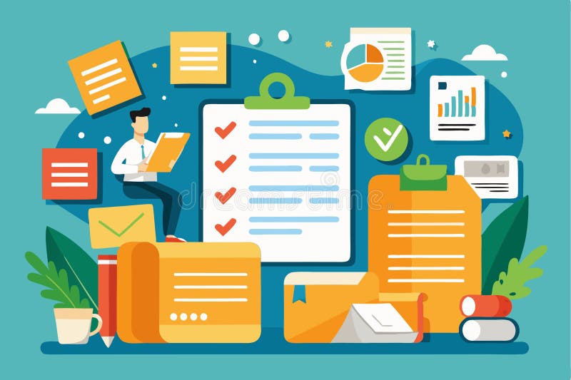 A Character Reviews a Checklist Surrounded by Colorful Documents ...