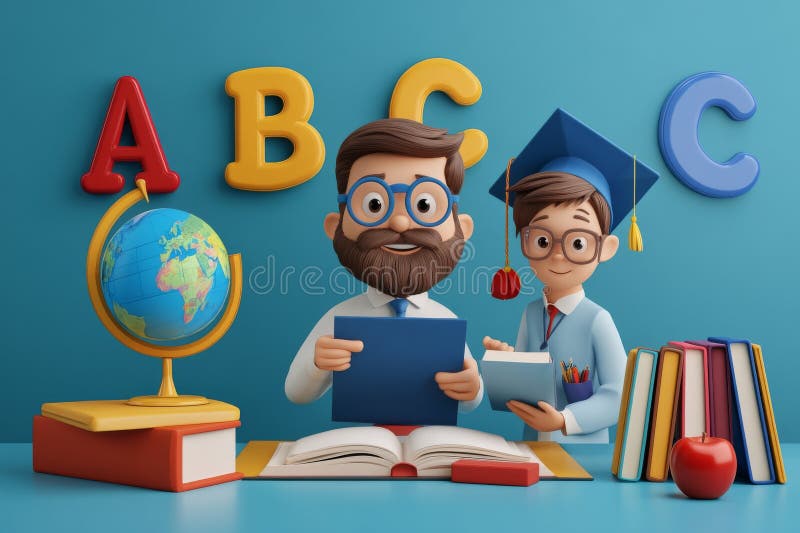 The Character is Sitting at a School Table with a Graduation Cap, an ...