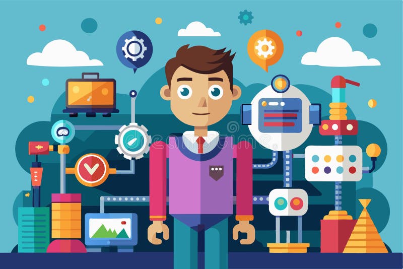 A Character Stands in a Lively Tech Landscape Filled with Various ...