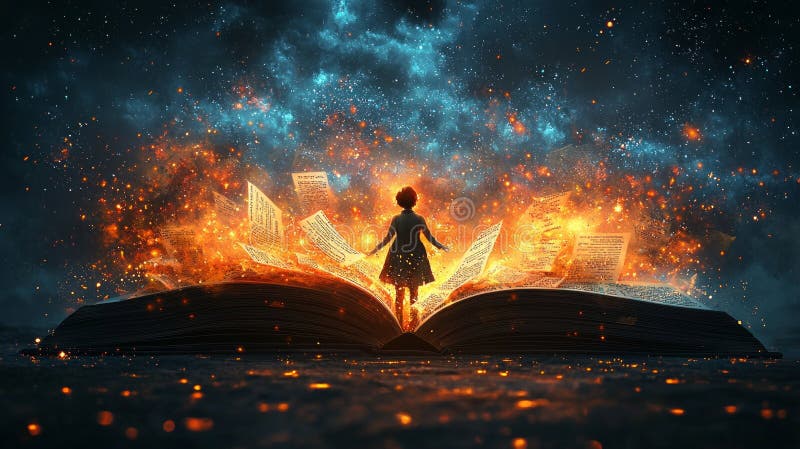 Character Steps from Open Book Partially Formed of Text and Paper ...