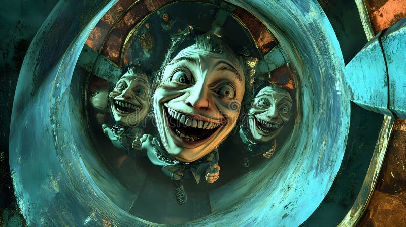Character with Unnaturally Wide Smile Reflected in Distorted Funhouse ...