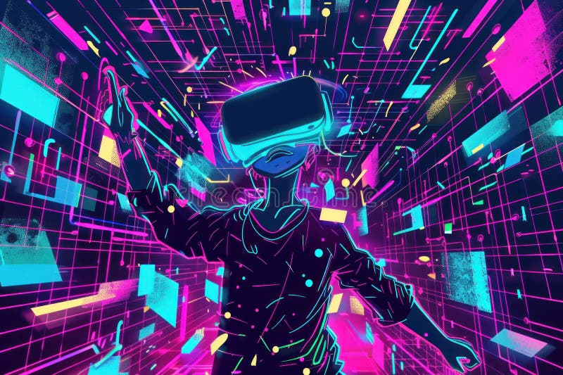 A Character in VR Glasses in Neon Space in the Style of Halftone ...