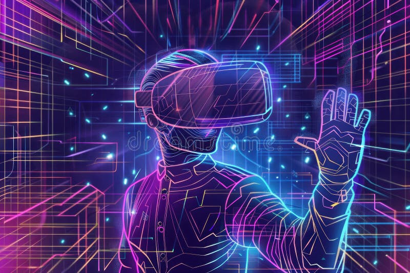 A Character in VR Glasses in Neon Space in the Style of Halftone ...