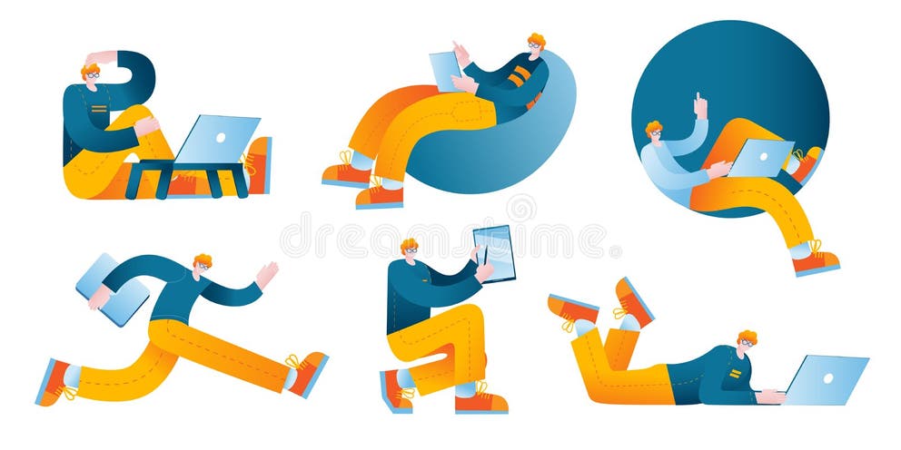 A Character Working on a Computer or Tablet in Various Poses. Stock ...