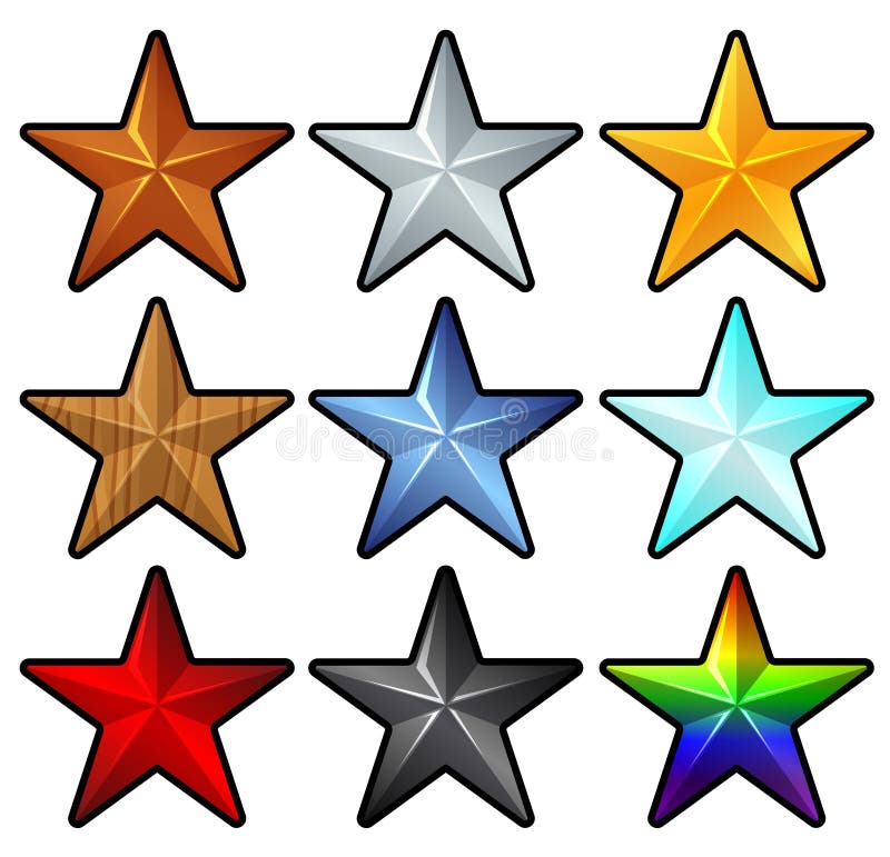 Pack of Different Stars. Various Colors and Material Options. Isolated ...
