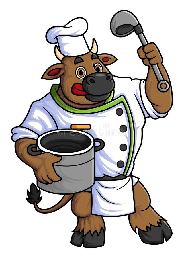 Characters a Big Bull Working As a Professional Chef with a Big Pan ...