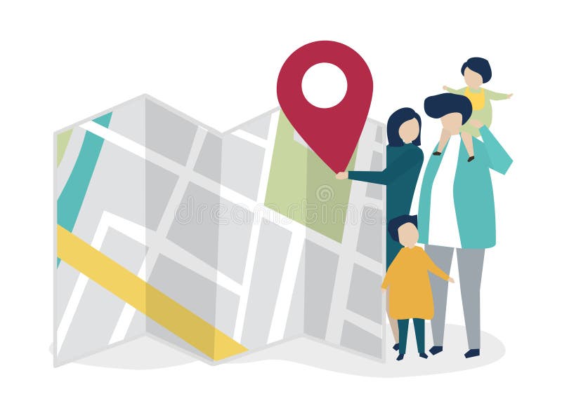 Characters of Family with a Map and GPS Marker Illustration Stock ...