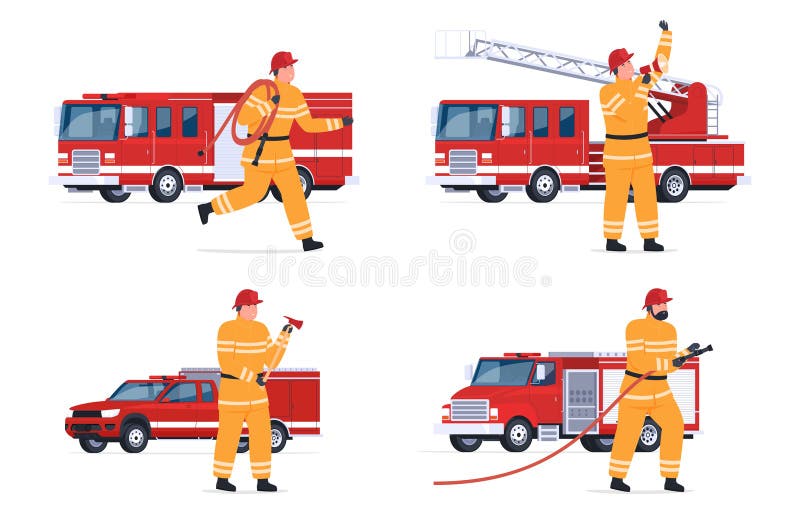 Characters of Firefighters in Different Poses with Fire Trucks. Rescue ...