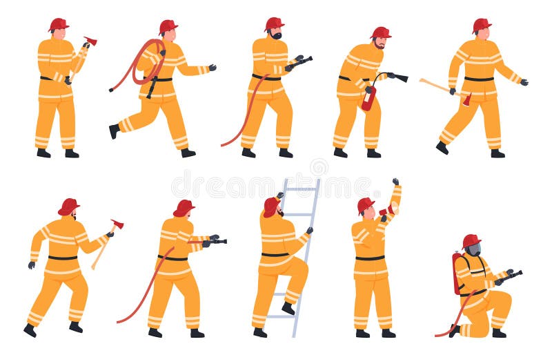Characters of Firefighters in Different Poses. Rescue in the Event of a ...
