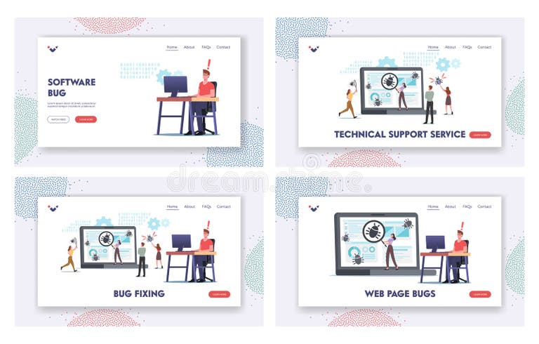 Characters Fixing Bugs on Huge Pc Landing Page Template Set. Software Development Process ...