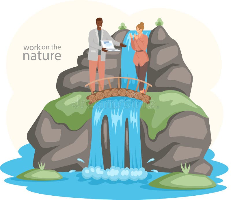 Characters Plan Business and Solve Work Issues Near Waterfall. People ...