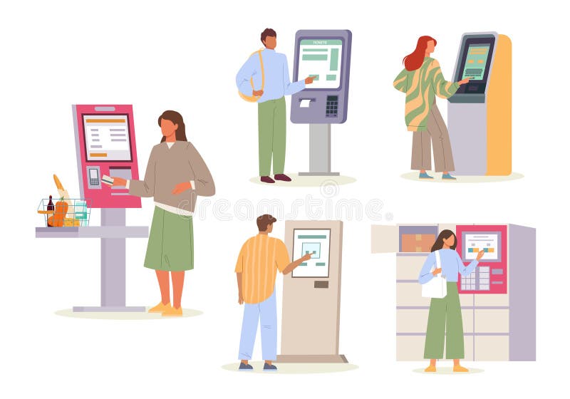 Characters Using Self Service Terminals with Touch Screens, Concept ...