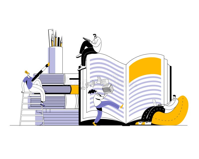 The Characters Walk and Sit among the Books. Stock Vector ...