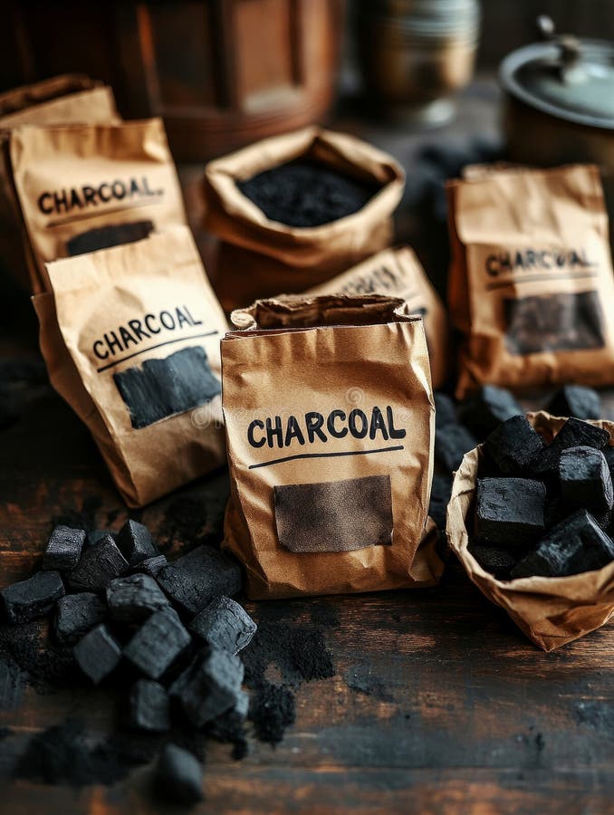 Charcoal Bags with Chunks on a Wooden Surface. Stock Photo - Image of ...