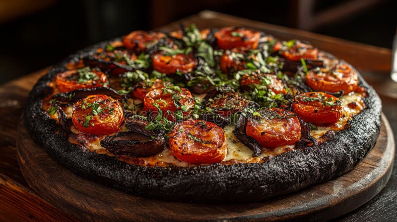 Charcoal Crust Pizza with Roasted Tomatoes and Mushrooms Stock ...