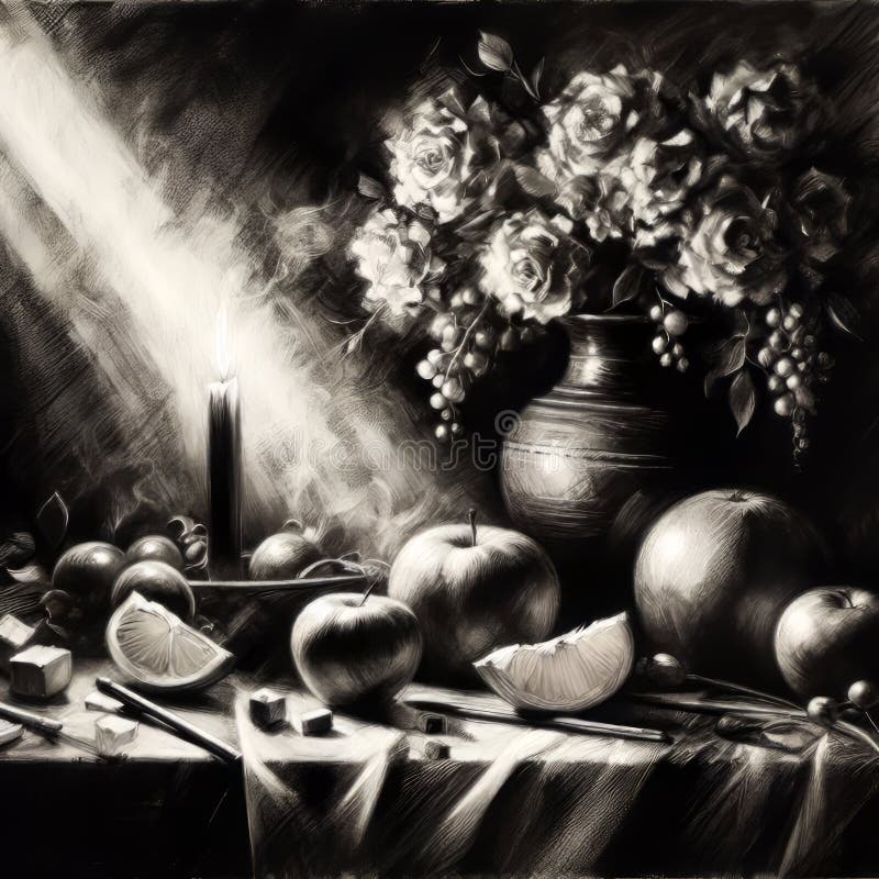 Charcoal Drawing a Dramatic Still Life Composition Rendered I Stock ...