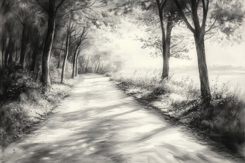 Charcoal Drawing of a Path through Trees Leading To a Bright Clearing ...