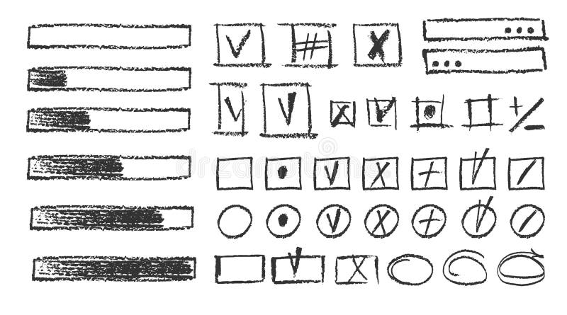 Charcoal Pencil Hand Drawing Check Box with Marks V, X, Plus Shapes ...