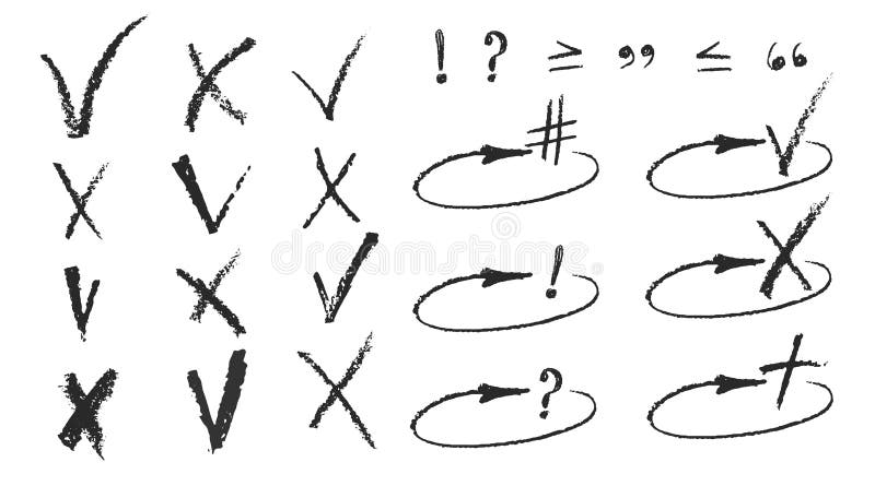 Charcoal Pencil Hand Drawing Check Box with Marks V, X, Plus Shapes ...