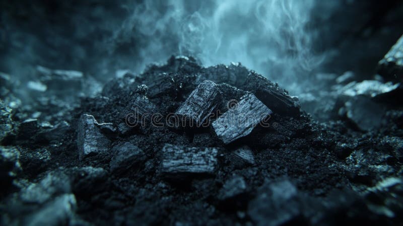 Charcoal Pieces Emitting Smoke in a Dark, Atmospheric Setting. Stock ...