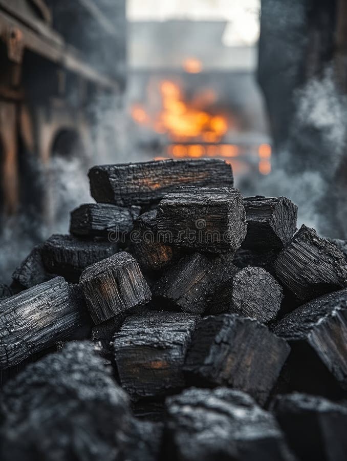 Charcoal Pile with Fire in the Background Stock Photo - Image of ...