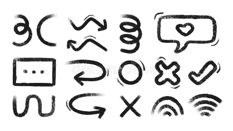 Charcoal Scribbles Set, Abstract Symbols and Freehand Signs, Arrows and ...