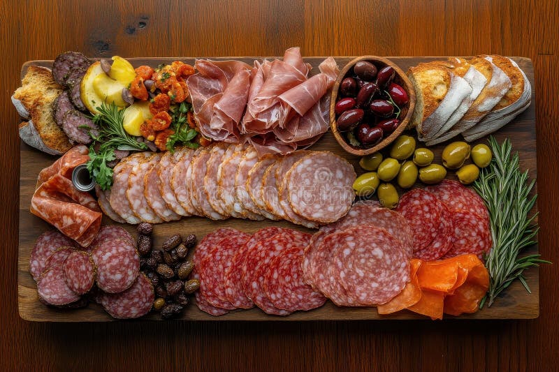 A Charcuterie Board Featuring Various Meats, Cheeses, Olives, and ...