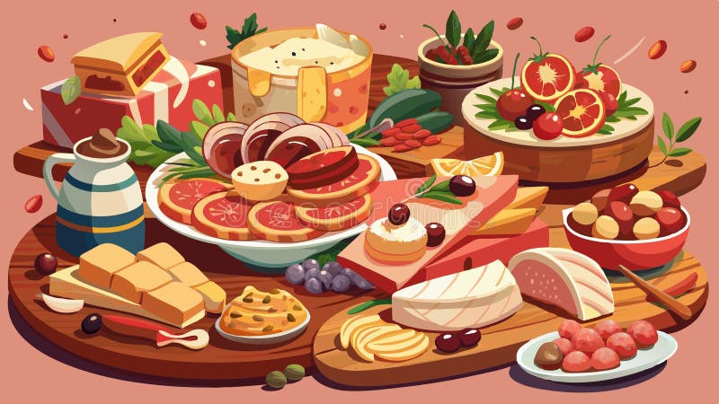 Charcuterie Feast - Pancetta, Salami, Ham, and More Stock Vector ...