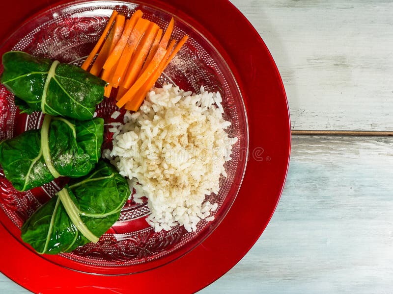 Chard in Roll Leaves Stuffed with Rice, Beef and Carrot in a Red Plate ...