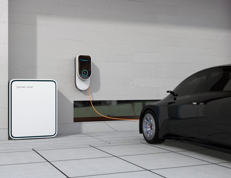 Charging Black Electric Vehicle at Home Stock Illustration ...