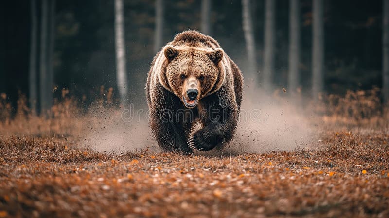 Charging Brown Bear, Forest Autumn, Dust, Wildlife Stock Photo - Image ...