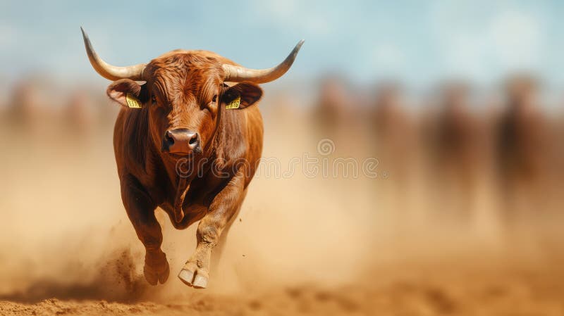 Charging Bull on a Dusty Field with Blurred Background and Clear Blue ...