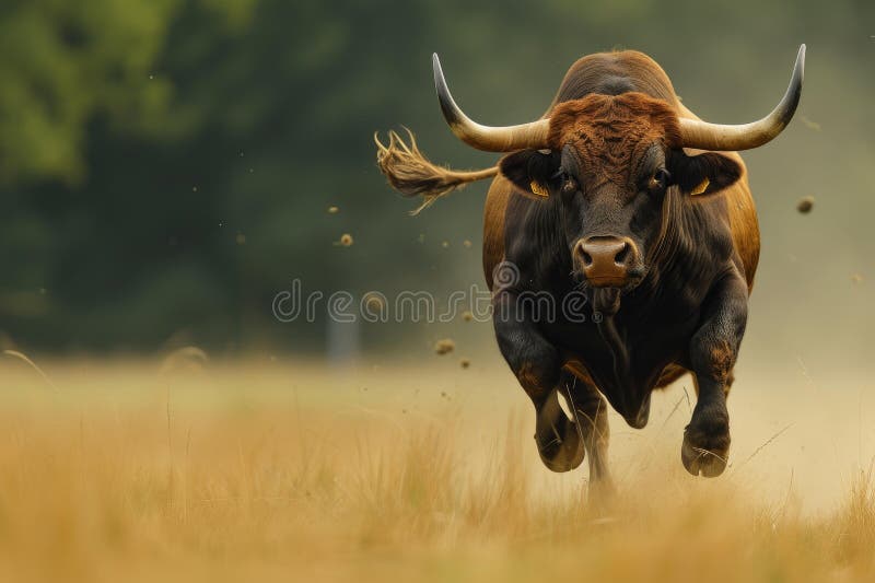 Charging Bull in Golden Field Stock Image - Image of bovine, beast ...