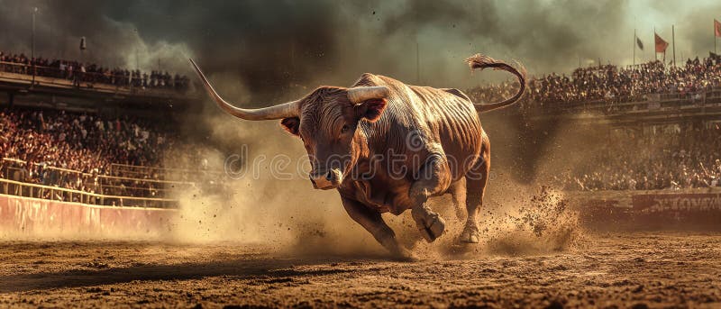 A Charging Bull Races through a Dusty Arena at Night, Illuminated by ...