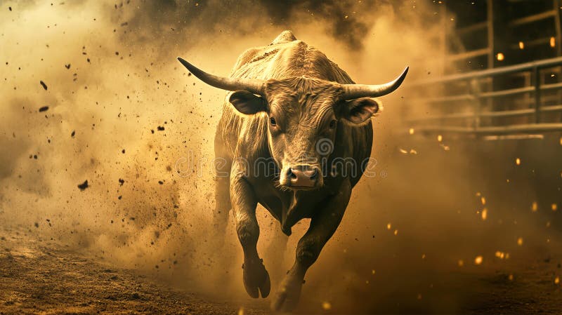 A Charging Bull Storms through an Arena, Surrounded by Clouds of Dust ...