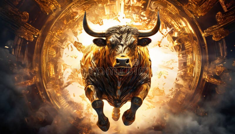Charging Bull Surrounded by Golden Explosion Stock Photo - Image of ...