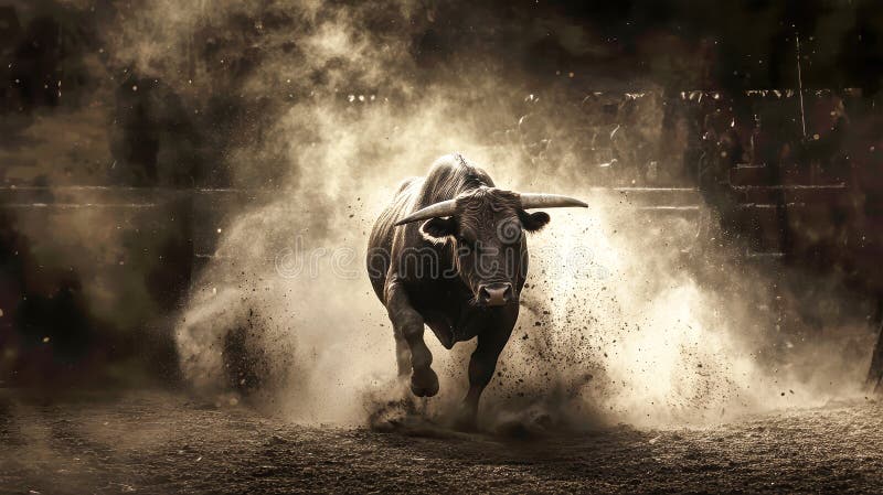 A Charging Bull Thunders through the Arena, Kicking Up Dust Under ...