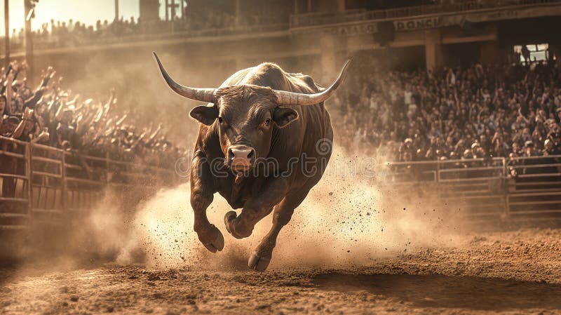 A Charging Bull Thunders through the Dusty Arena, with Cheering Crowds ...