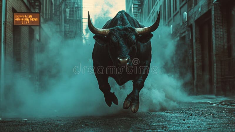 Charging Bull in Urban Setting. a Powerful Symbol of Strength Stock ...